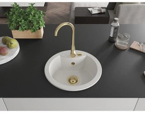 Mexen Diego, granitový dřez 488x488x167 mm, 1-komorový, bílá se zlatým sifonem, 6512481000-20-G