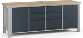 Dílenský pracovní stůl G7, buková spárovka, 2100 x 685 x 840 mm, 2x skříňka, 6 zásuvek, grafit