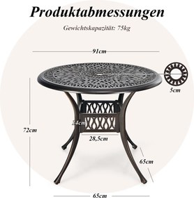 Costway Zahradní stůl s otvorem pro slunečníky Ø 90 cm kulatý vyrobený z litého