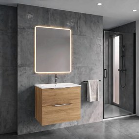 Sapho Cirasa koupelnový set skříňka 60 cm s úzkým umyvadlem a LED zrcadlem 2x zásuvka dub alabama hnědá KSET-113
