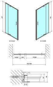 Polysan Polysan, EASY BLACK otočné sprchové dveře 760-900mm, sklo Brick, EL1638B