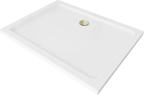 Mexen SLIM - Obdélníková sprchová vanička 140x100x5cm + zlatý sifon, bílá, 40101014G