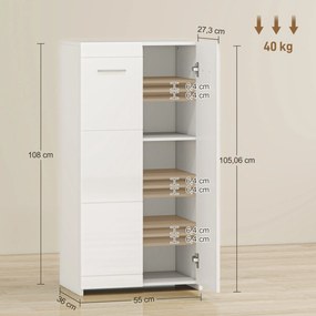 HOMCOM botník, 2 dveře, 5 polic, nastavitelný úložný botník, pojme 10 párů, bílý vysoký lesk, 55 × 36 × 108 cm