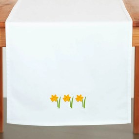 Ubrus Veba GARBO bavlněný satén bílá s výšivkou Narcisy s nešpinivou úpravou Velikost: 40x120 cm