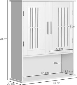 Kleankin Nástěnná Koupelnová Skříňka Multifunkční Visící Koupelnový Nábytek S Úložným Prostorem a 2 Dveřmi se Šikmými Policemi 60x20x70 cm Bílá