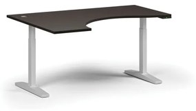 Výškově nastavitelný stůl, elektrický, 675-1325 mm, ergonomický levý, deska 1600x1200 mm, bílá podnož, wenge