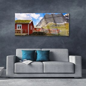 akrylový obraz Domy Jezero Hory Krajina 125x50 cm