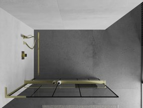Mexen Kioto+ L, sprchová zástěna Walk-In s poličkou a věšákem 100 x 200 cm, 8mm čiré sklo černý vzor, ​​zlatý matný profil, 800-100-123-55-78