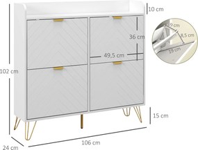 HOMCOM Skříň na boty se 4 zásuvkami, Úložná skříň na boty s nastavitelnou policí, Vysoká kapacita pro předsíň, Vstup, 106 x 24 x 102 cm, Bílá