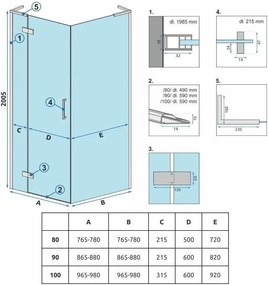 Rea Hugo, 1-křídlý ​​sprchový kout 100 (dveře) x 90 (stěna) x 200 cm, 6mm šedé sklo, měděný profil, KPL-K6970