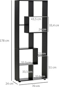 HOMCOM Knihovna v moderním zigzag designu 70L x 24W x 178H cm Dřevotříska Černá