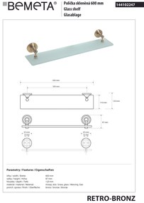 Bemeta Design RETRO bronz: Polička, 600 mm, sklo -