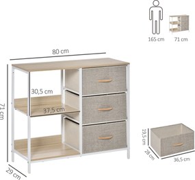 HOMCOM Komoda se 3 odejmoutelnými látkovými zásuvkami, 2 policemi a 1 velkým stolovým prostorem - 80 x 29 x 71 cm - béžová | Aosom