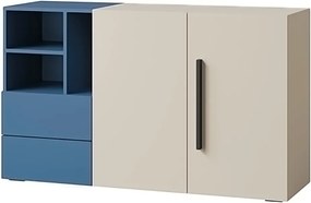 LORIN mo | komoda 7 | 135 cm | s policemi, zásuvkami a dvířky | PUSH OPEN | kašmír/modrá