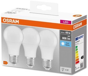 3 ks matná LED žárovka E27 8,5 W BASE CLASSIC studená bílá