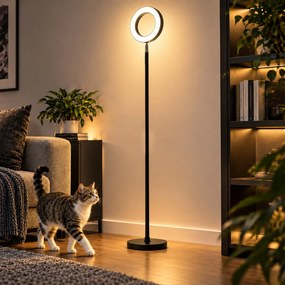 HOMCOM Stojací lampa 42W LED stmívatelná, 3 barevné teploty, stropní reflektor s nastavitelnou hlavou ve tvaru kruhu, černá