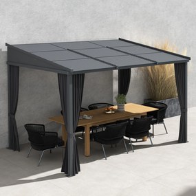 Pergola Outsunny, 3,65 x 2,55 m, Pavilon, Kryt terasy s posuvnou střechou, Zahradní pergola s závěsy, pro zahradu, dvůr, Hliník + kov, Tmavě šedá