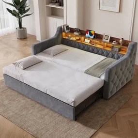 Aosom Sametová pohovka s područkami 90x190 cm, s rozkládacím lůžkem, úložným prostorem v dřevěném čele, 201D x 107-197,5Š x 80V cm, tmavě šedá