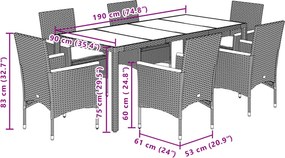 7dílný zahradní jídelní set a podušky černý polyratan a akácie 3278631