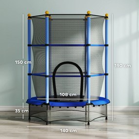 HOMCOM Dětský Trampolína Ø140 cm, Trampolína s Ochrannou Síťkou, Krytem Okrajů, Zahradní Trampolína pro Děti 3-10 Let, Do 50 kg, Modrá