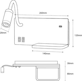 Nástěnné LED svítidlo Shelf, 1x LED 4+5+2w, 4000k, b/w, vypínač