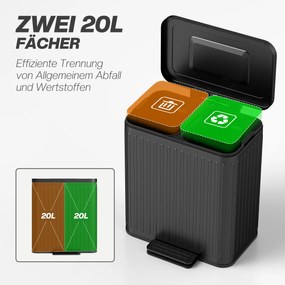Küchenmülleimer, 2 x 20 L-Fächer, effiziente Mülltrennung, Fußpedal, Kunststoff, Metall, Schwarz