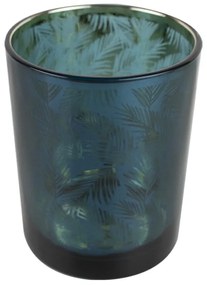 Skleněný svícen v petrolejové barvě s dekorací palmových listů - Ø 10*12cm