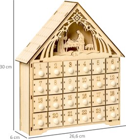 HOMCOM Adventní kalendář s LED osvětlením, 24 zásuvek, scéna betlému, 26,6 x 30 cm, vzhled dřeva