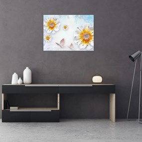 Skleněný obraz - Kompozice s květy a motýly (70x50 cm)