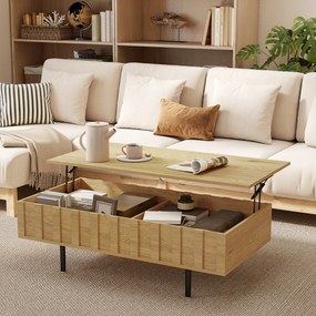 HOMCOM Sklápěcí konferenční stolek se 2 skrytými přihrádkami a žebernými stranami, mid-century-modern styl, 110x55x36,5 cm, dub