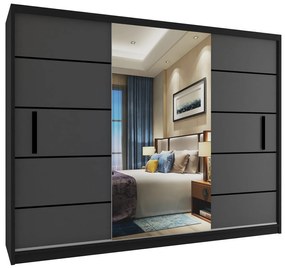 Šatní skříň 232 cm Belini černý mat / šedý mat s posuvnými dveřmi a zrcadlem  MZ SZP4/2/1B/2SR1L/0/BL
