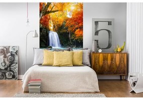DIMEX | Vliesová fototapeta na zeď Vodopád uprostřed lesa MS-2-0083  | 150 x 250 cm | tyrkysová, hnědá, žlutá, červená