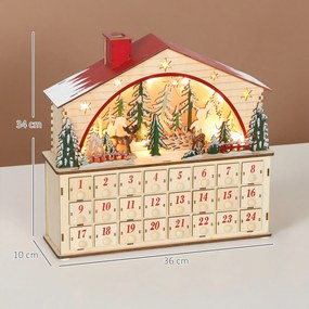 HOMCOM Adventní kalendář k naplnění 24 zásuvky přihrádky, vánoční kalendář s LED světly, přírodní dřevo, 36 x 10 x 34 cm