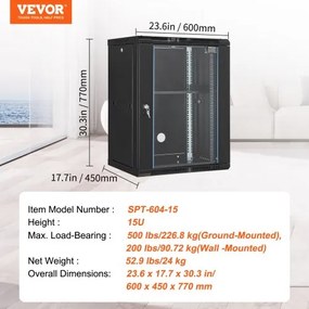 15U Síťový server pro montáž na stěnu Skříňka skříně 45,7 cm Skleněný zámek dveří