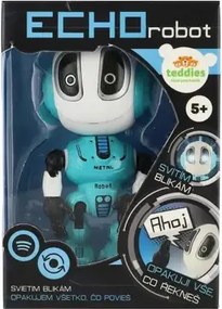 TEDDIES Robot ECHO modrý / Opakuje věty / kov / 12 cm / světlo a zvuk