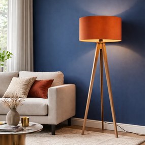 Dřevěná stojací lampa s oranžovým stínidlem a zlatým vnitřkem 50 cm - Tripod Classic