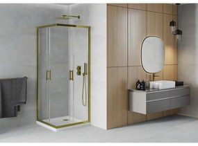 Mexen Rio, čtvercový sprchový kout s posuvnými dveřmi 70 (dveře) x 70 (dveře) x 190 cm, 5mm čiré sklo, zlatý profil + sprchová vanička SLIM se zlatým sifonem, 860-070-070-50-00-4010G