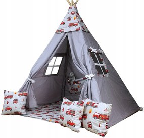 Dětský stan TEEPEE (TÝPÍ) HASIČI s doplňky - šedý/bílý
