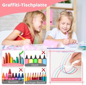 Costway Dětský stůl se 4 židlemi s graffiti deskou, výškově – růžový