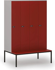 Dřevěná šatní skříňka S4 s lavičkou, 4 oddíly, 1871 x 1200 x 500/800 mm, demont, mechanický kódový zámek, šedá/červená