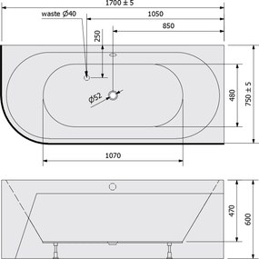 Polysan MONOLITH VIVA R asymetrická vana 170 x 75 x 60 cm bílá pravá 78119M