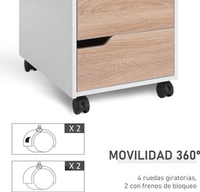 HOMCOM Počítačová skříňka s koly, 3-zásuvková skříňka na dokumenty pro studijní stůl 40x50x57.5 cm Dub a bílá
