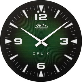PRIM Moderní skleněné nástěnné hodiny inspirované Prim Orlík III - černo-zelené E09.5541.9040