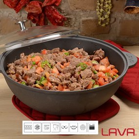 Litinový hrnec kulatý (wok) + skl. poklice  30 cm, 6l