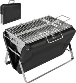 Gril na dřevěné uhlí z nerezové oceli BBQ udírna s grilovacím roštem rukojeť skládací nohy pro grilování kempování 40x28x25,5cm černá