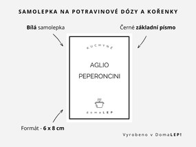 AGLIO PEPERONCINI - omyvatelná samolepka na kořenky, výběr rozměrů Ø 5 cm / 5 x 5 cm / 6 x 8 cm | DomaLEP tvar: OBDÉLNÍK, barva: BÍLÁ - ČERNÉ písmo, velikost: š. 6 cm x v. 8 cm – základní písmo