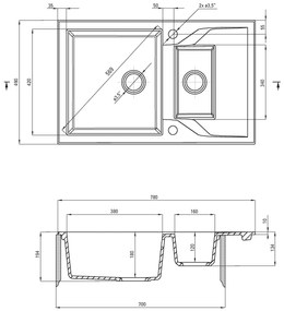 Deante Andante, granitový dřez 780x490x194 mm + prostorově úsporný sifon, 1,5komorový, písková, ZQN_7513