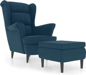Křeslo ušák se stoličkou modré samet 3115930