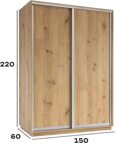 Skříň s posuvnými dveřmi 1500x2200x600 2LTD Dub Artisan, profil stříbrný