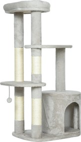 Škrabadlo pro kočky 114 cm s jeskyní, sisalové sloupky, plošina, víceúrovňové pro středně velké kočky do 6 kg, světle šedá barva